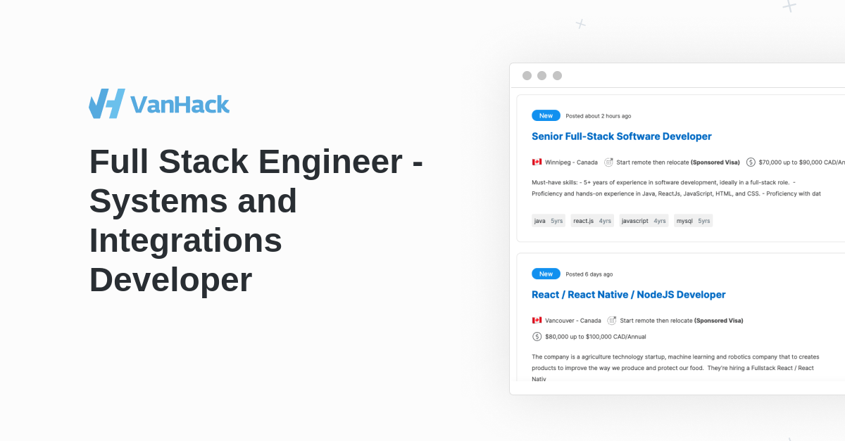 Full Stack Engineer Systems And Integrations Developer Vanhack